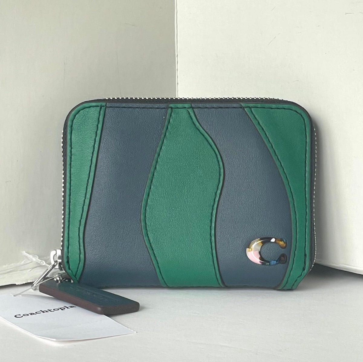 Coach Coachtopia CQ865 Wavy Stripe Leather Zip Around Wallet Green Blu ...